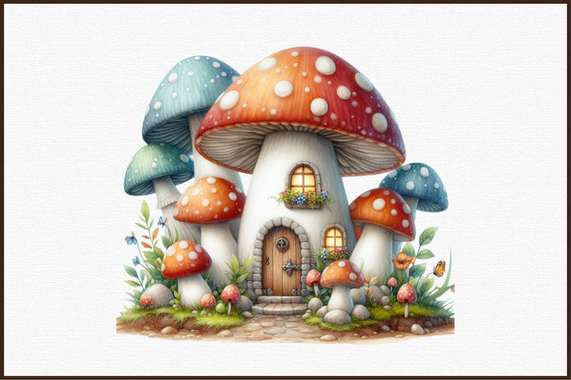 Fairy Mushroom House Watercolor Clipart - So Fontsy