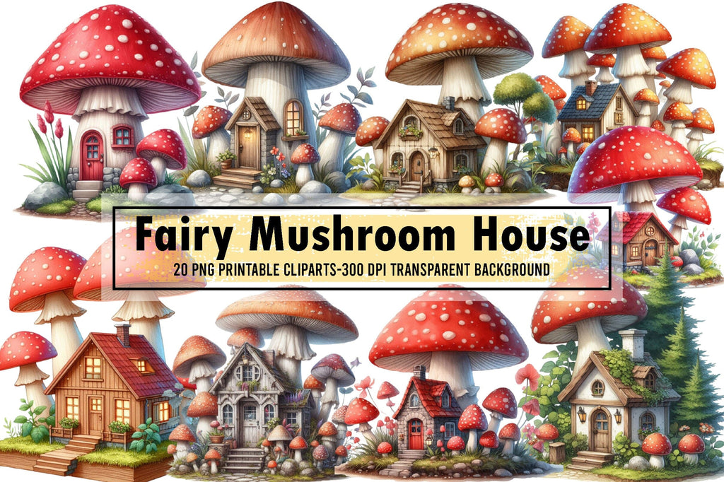 Fairy Mushroom House Watercolor Clipart - So Fontsy