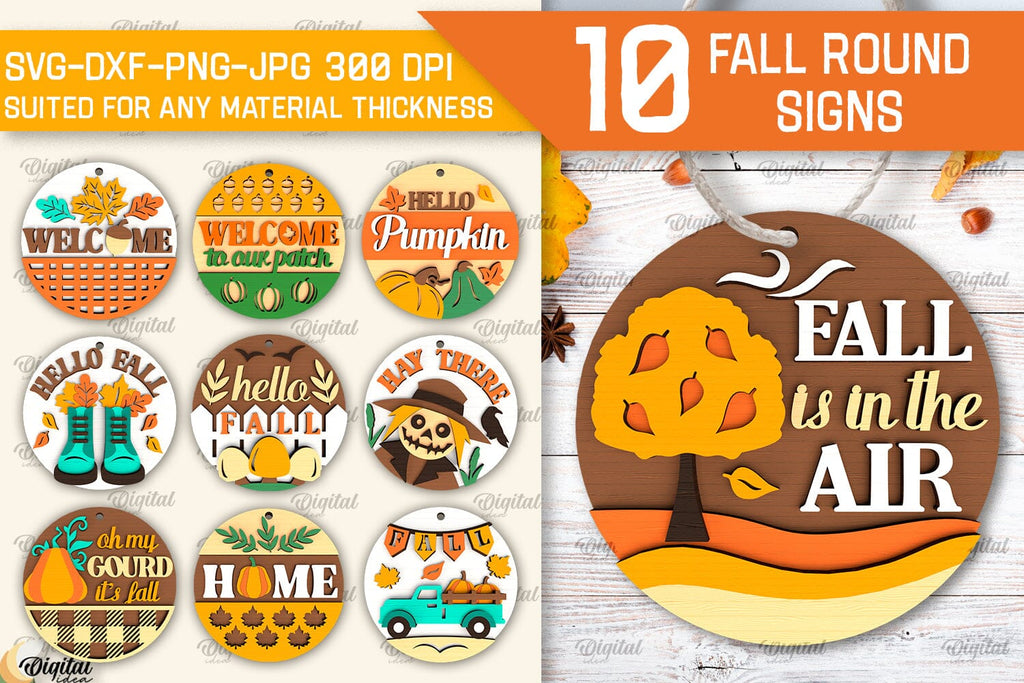 Fall Round Signs Laser Cut Bundle. Autumn Round Signs SVG - So Fontsy