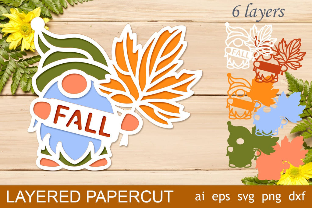 Fall svg, 3d layered gnome with maple leaf, Papercut template - So Fontsy