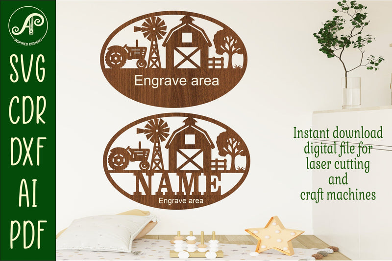 Farm scene themed name sign design for laser cutting - So Fontsy