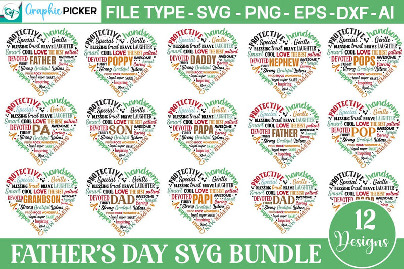 Father's Day Heart Shape SVG Bundle, Fathers Day Heart, Fathers Day SVG ...