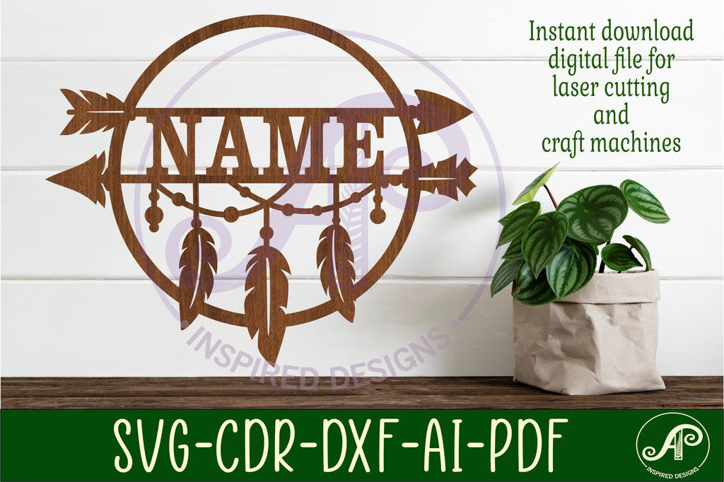 Feather and arrow Name sign svg laser cut template - So Fontsy