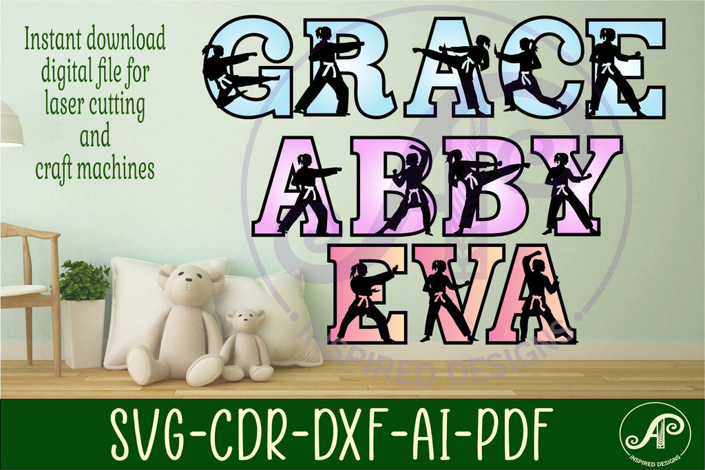 Female martial arts theme alphabet set. 2 layer 52 letters - So Fontsy