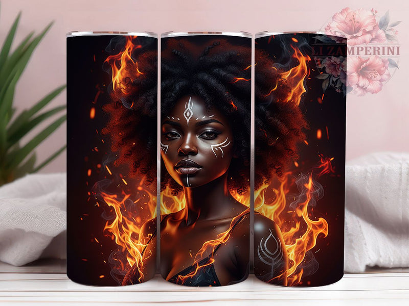 Fire Theme Black Woman Tumbler, Fire Theme, Afro American, Empowerment ...