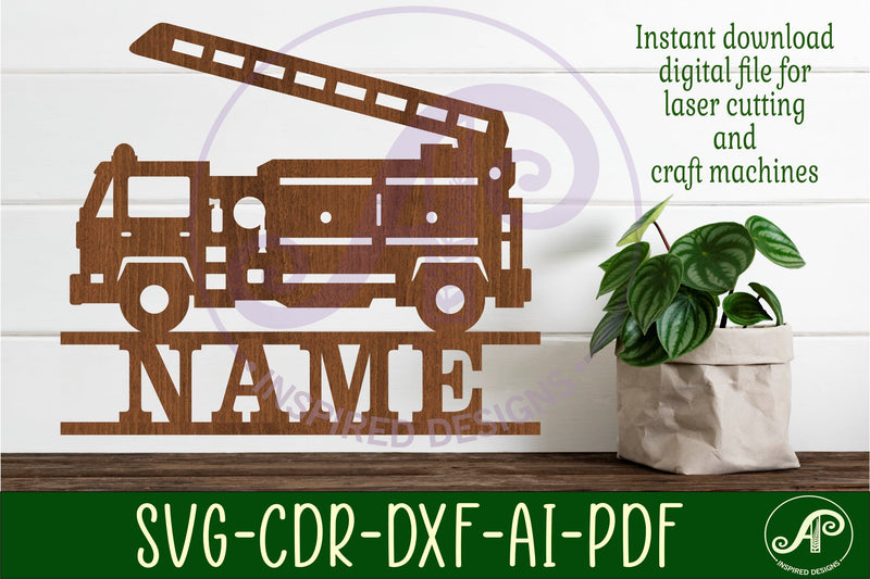 Fire truck name sign svg laser cut template - So Fontsy