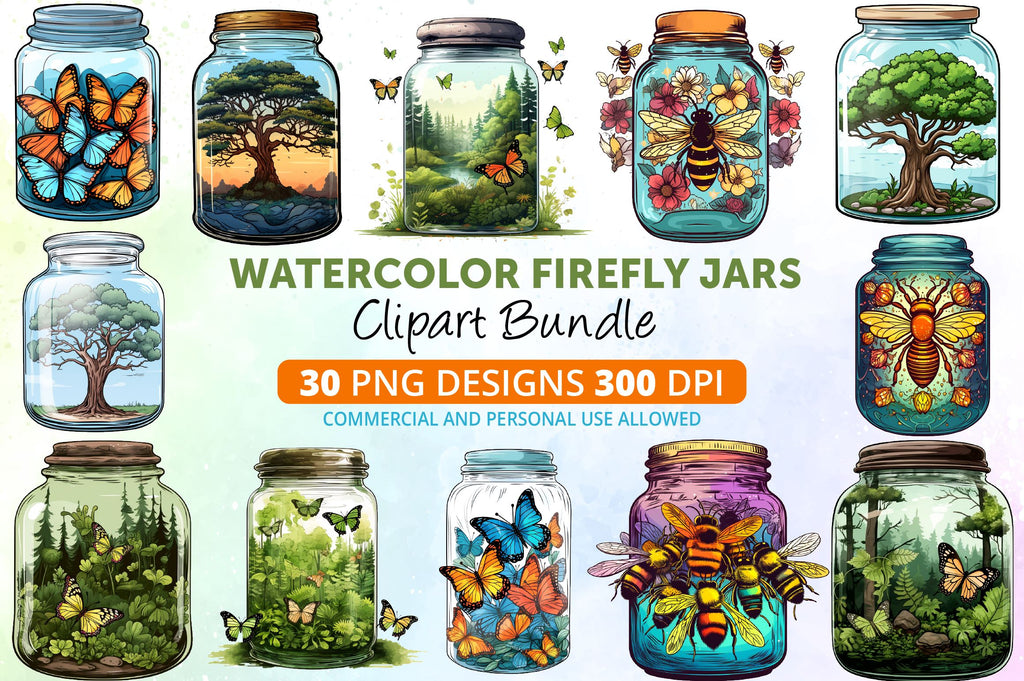 Firefly Jars Watercolor Clipart Bundle - So Fontsy