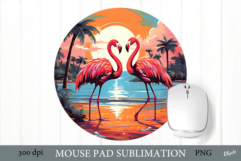 Flamingo on the Beach Sublimation. Round Mouse Pad PNG - So Fontsy