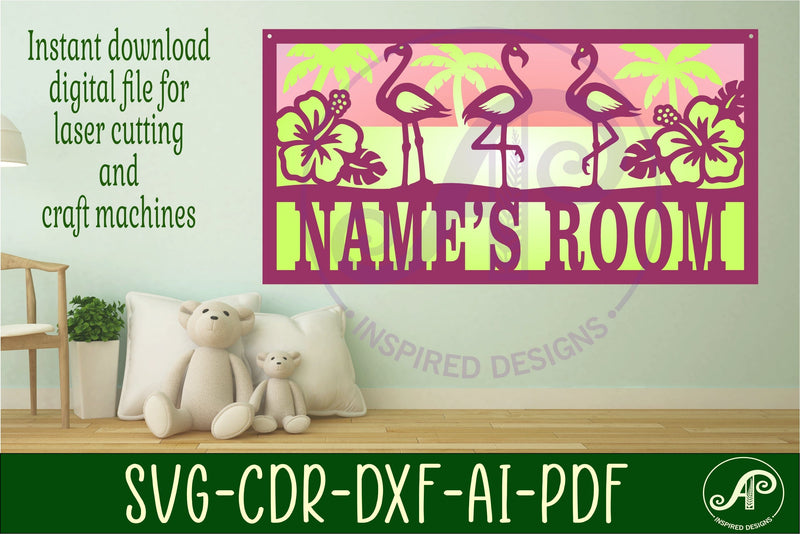 Flamingo scene name sign SVG 3 layer laser cut - So Fontsy