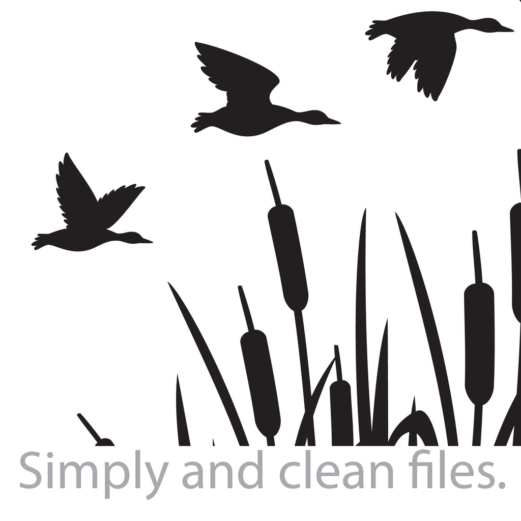 Flock of mallard ducks and reeds background silhouette (bulrush and ...