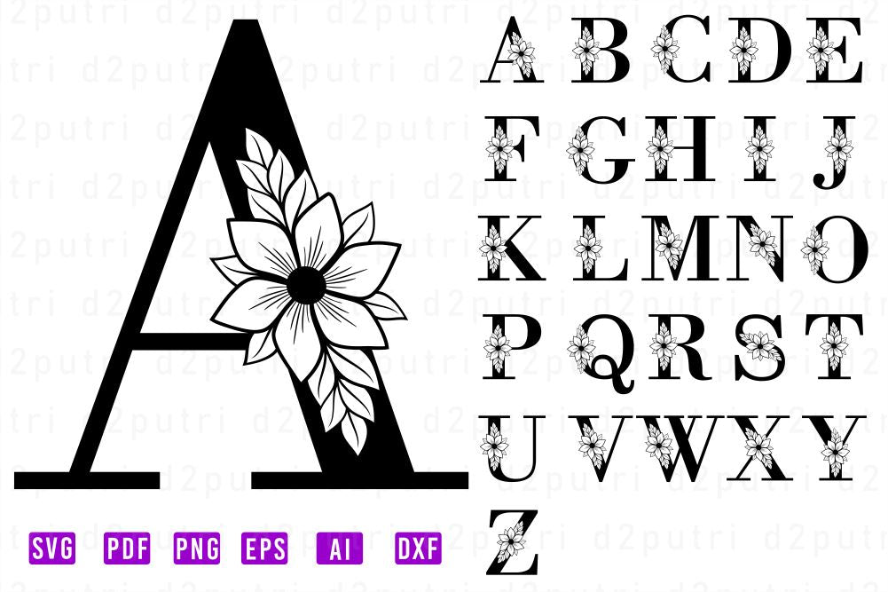 Floral alphabet Monograms SVG Set A-Z, Flower Monogram Letter SVG Files Design, Wedding Font SVG ...