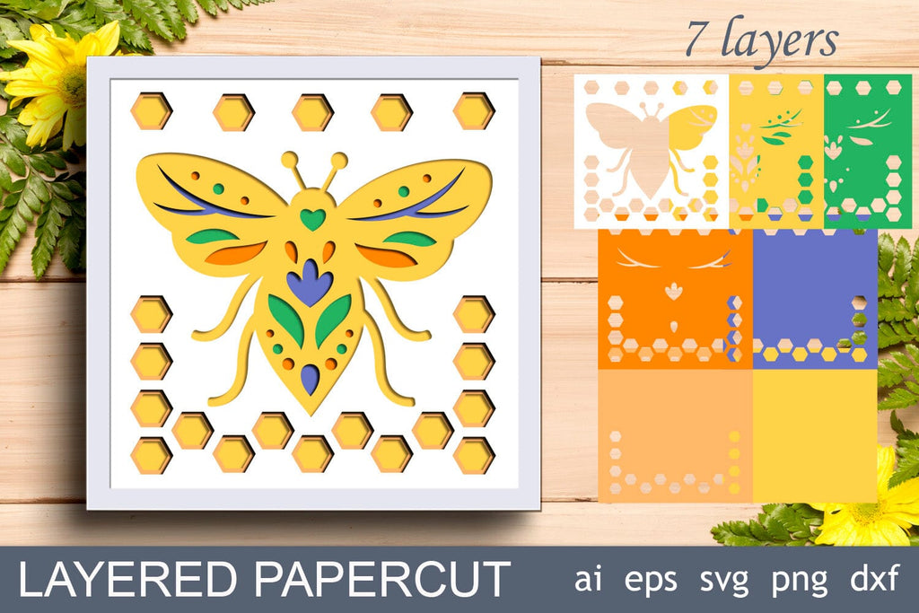 Floral bee shadow box svg, 3d layered honey bee template - So Fontsy