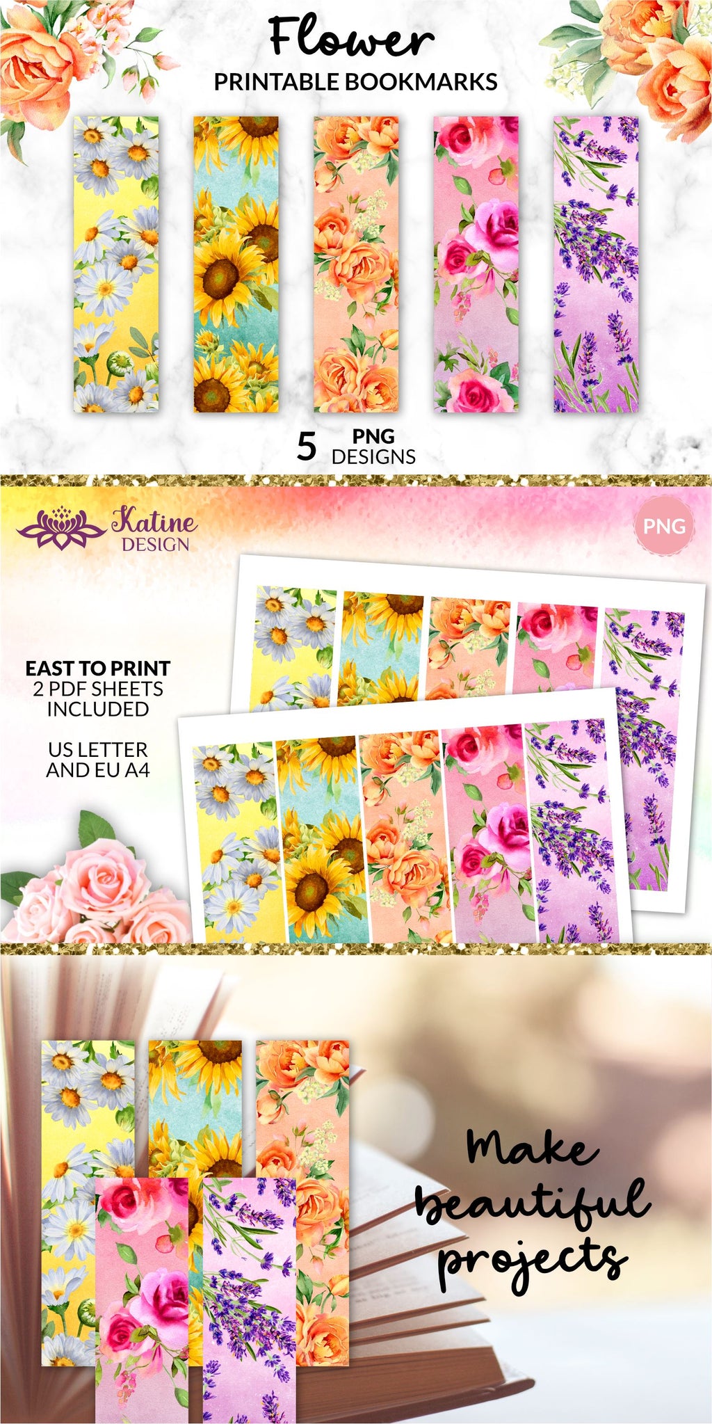 Floral Bookmarks, Flower Bookmarks, Watercolor Bookmarks, Printable ...
