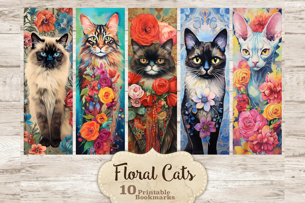 Floral Cats Bookmarks | Pets Printable Bundle - So Fontsy