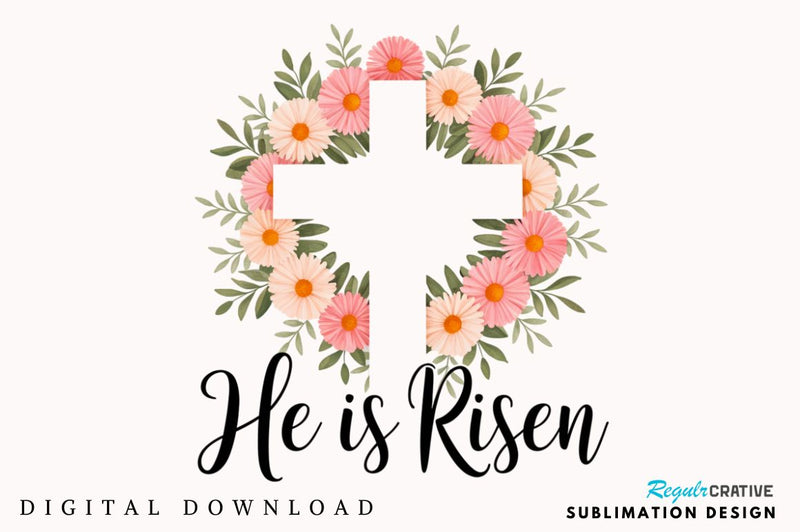 Floral Christian Easter Cross PNG, He Is Risen PNG, Easter Floral PNG ...
