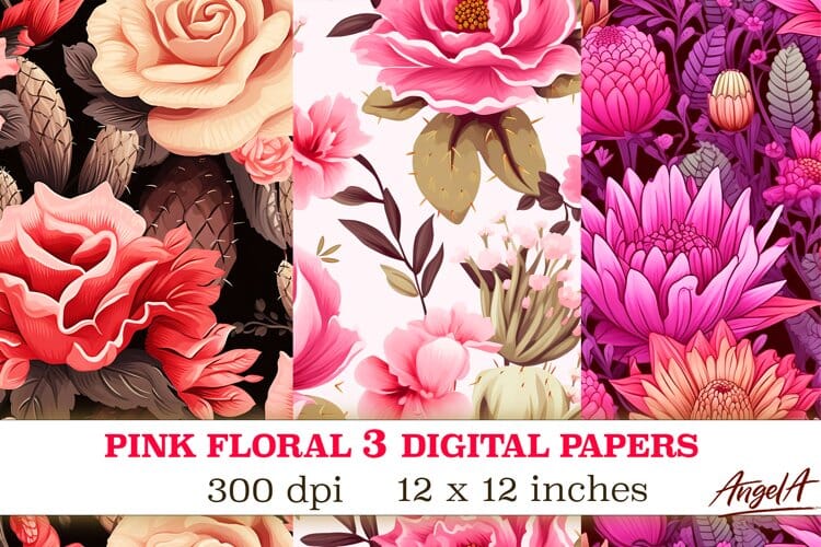 Floral digital paper / pink cactus flowers pattern, roses - So Fontsy