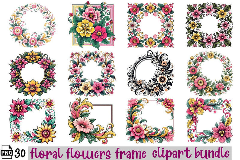 Floral Flowers Frame PNG Clipart Bundle Printable File - So Fontsy