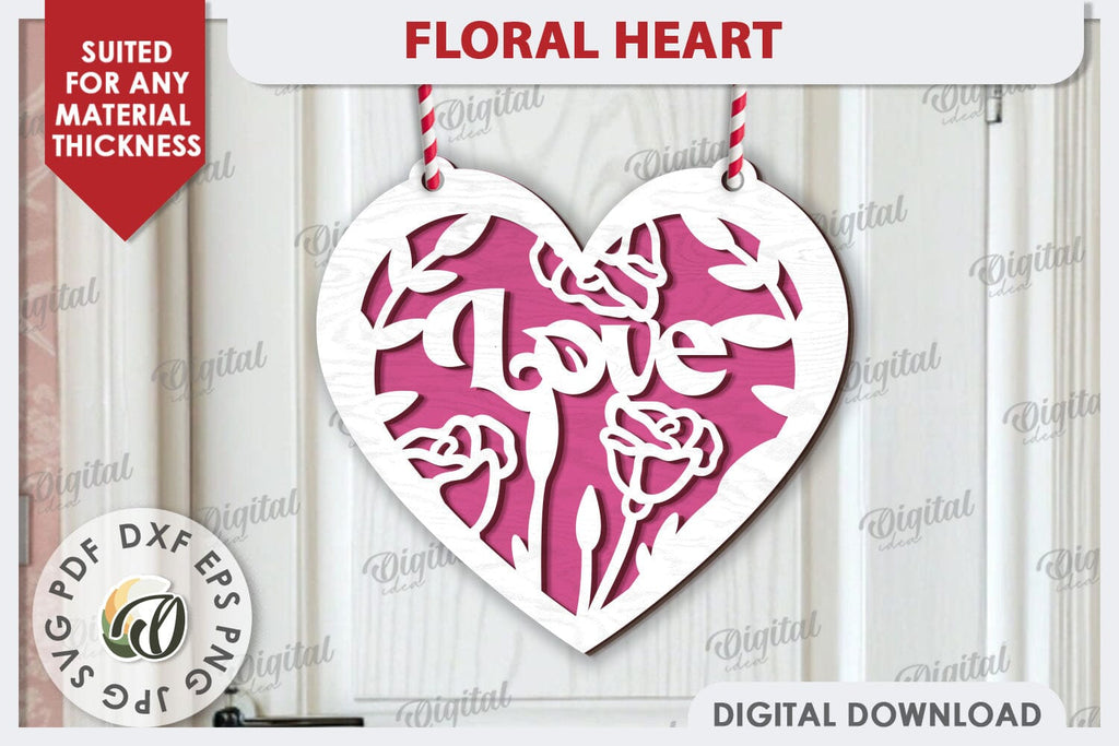 Floral Heart Laser Cut Decoration. Layered Heart SVG - So Fontsy