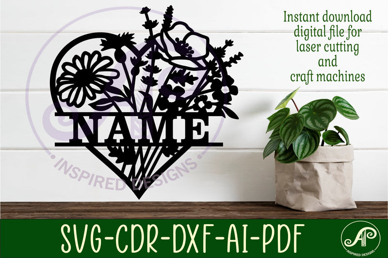 Floral heart name sign svg laser cut template - So Fontsy