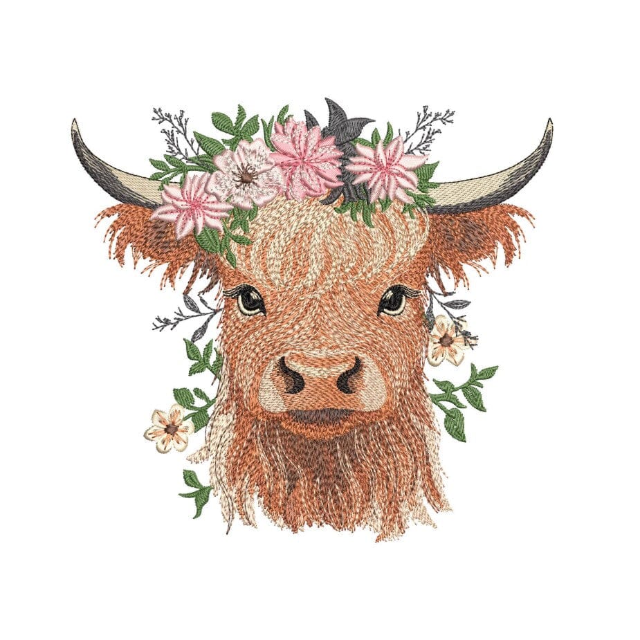 Floral Highland Cow Embroidery Design, Farm Animal Machine Embroidery ...