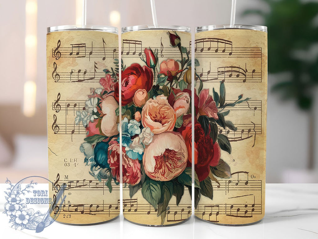Floral Music Tumbler Wrap, Floral Music Notes, Sheet Music Design, 20oz ...