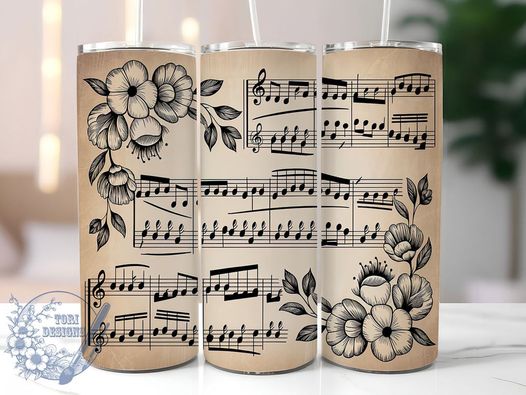Floral Sheet Music Notes Tumbler Wrap, Floral Sheet Music Cup, Musical ...