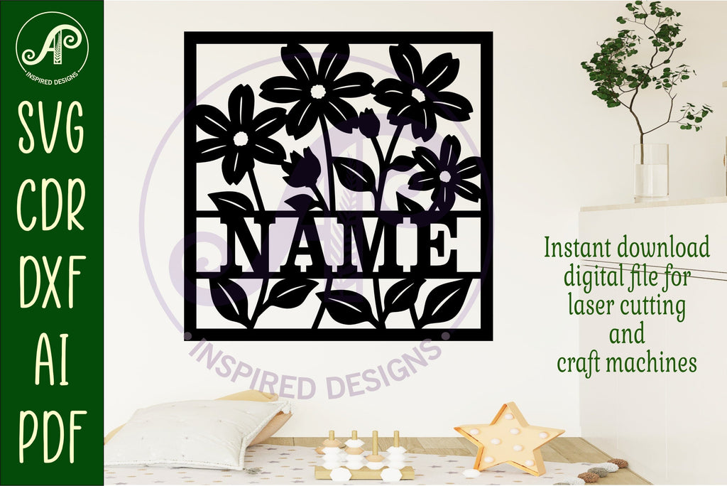 Floral square name wall art sign, SVG file - So Fontsy