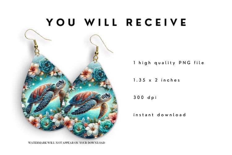 Floral Turtle Teardrop Earring Sublimation PNG - So Fontsy
