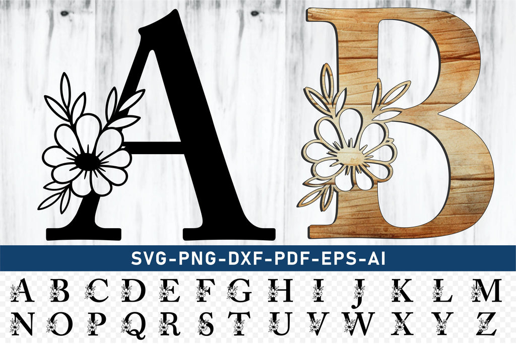 Flower Monogram Alphabet Letters Set A-Z SVG Designs Bundle, Floral Monogram Font SVG Laser Cut ...