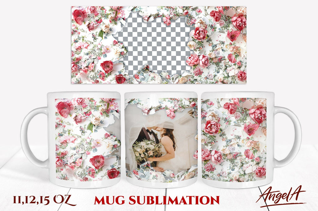 Flower mug wrap / floral frame sublimation / photo mug wrap - So Fontsy