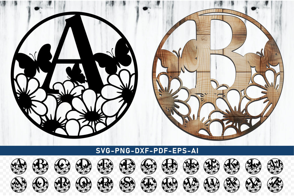 Flowers Monogram Alphabet Letters Set A-Z SVG Designs Bundle, Round ...
