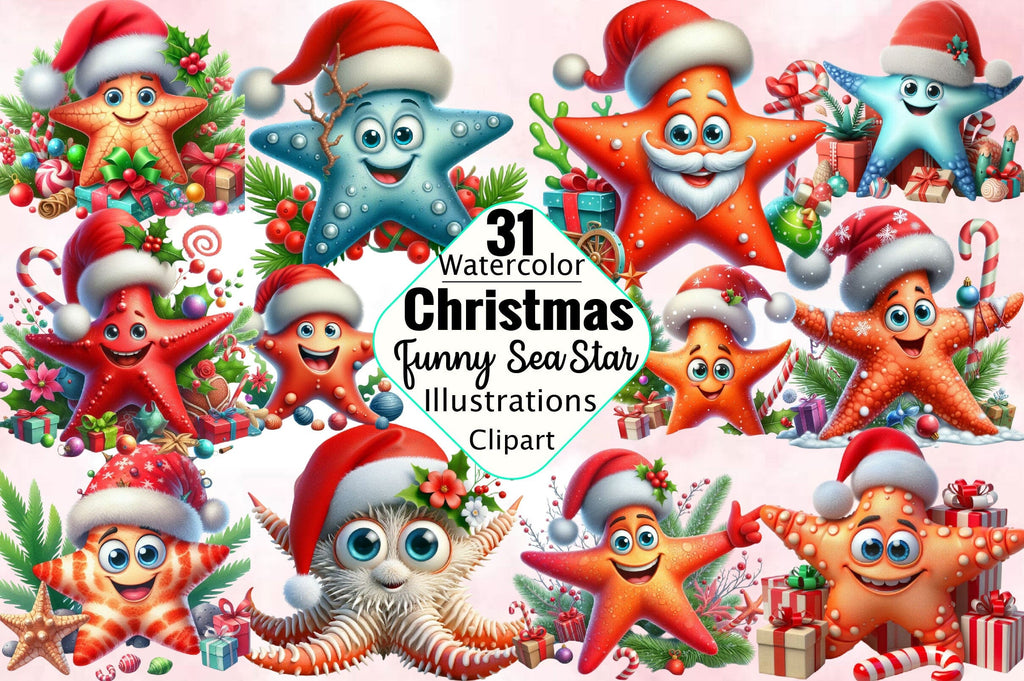 Funny Christmas Sea Star Sublimation Clipart Bundle - So Fontsy