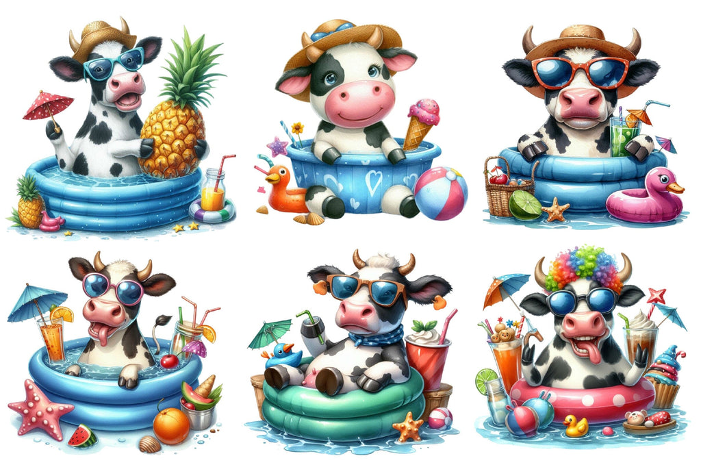 Funny Cow in Pool Party Clipart Bundle - So Fontsy