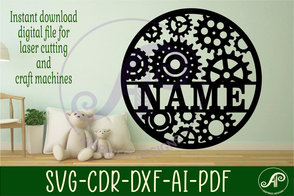 Gears steampunk name sign svg laser cut template - So Fontsy