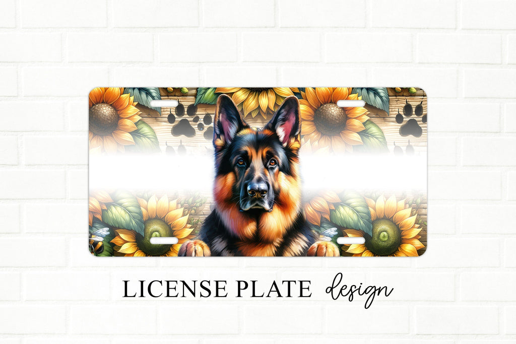 German Shepherd Sunflower License Plate Sublimation Design - So Fontsy