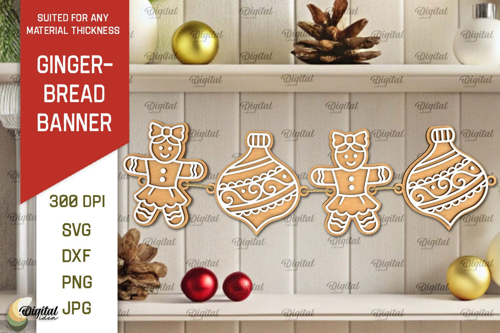 Gingerbread Banner Laser Cut Design. Christmas Banner SVG - So Fontsy