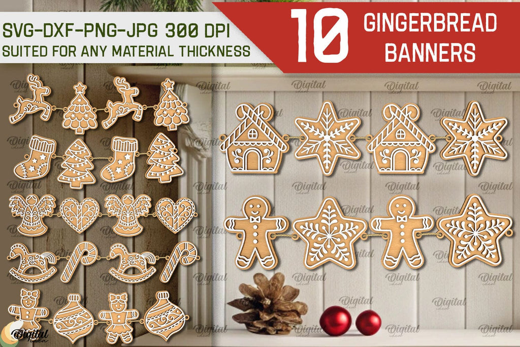 Gingerbread Banners Laser Cut Bundle. Christmas Banners SVG - So Fontsy