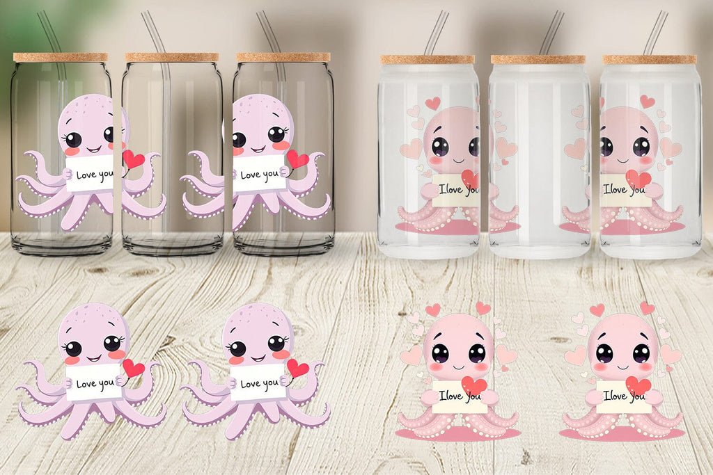 Glass Can Wraps Valentine Octopus Cartoon - So Fontsy