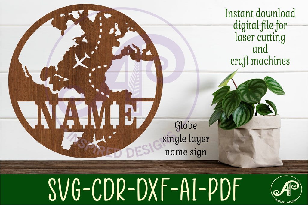 Globe, world map name sign design svg laser cut template - So Fontsy
