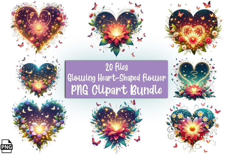 Glowing Heart-Shaped Flower PNG Clipart Bundle Printable File - So Fontsy