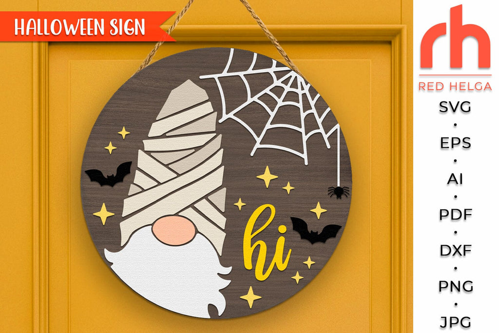 Gnome Mummy SVG, Halloween Door Sign Cut File, Spooky Hanger - So Fontsy