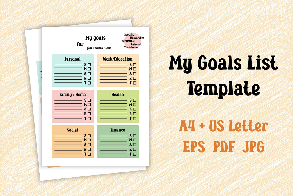 Goals List Template | Yearly Planner Printable PDF & Vector - So Fontsy