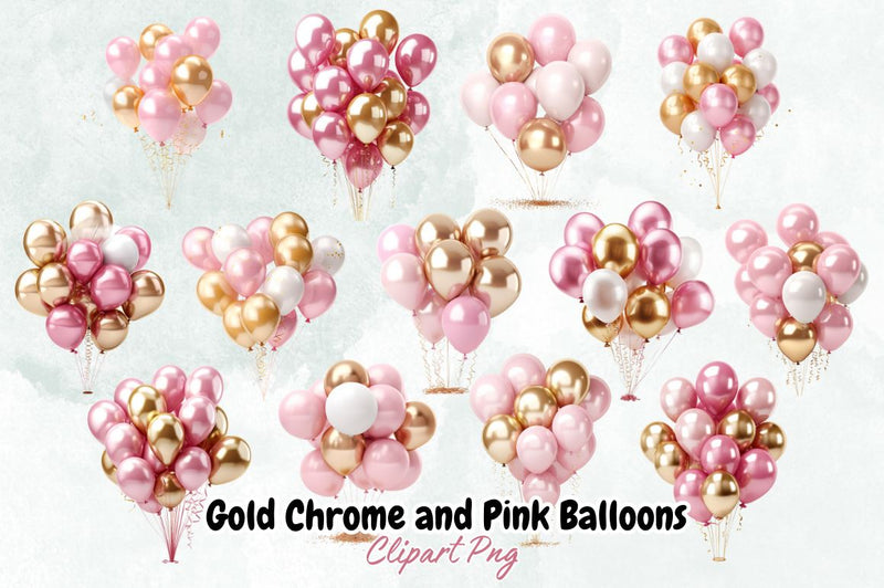 Gold Chrome and Pink Balloons Clipart Bundle - So Fontsy