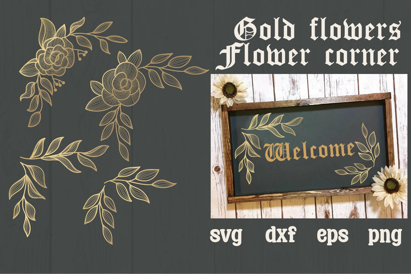 Gold flowers corner border svg, dxf, eps, png - So Fontsy