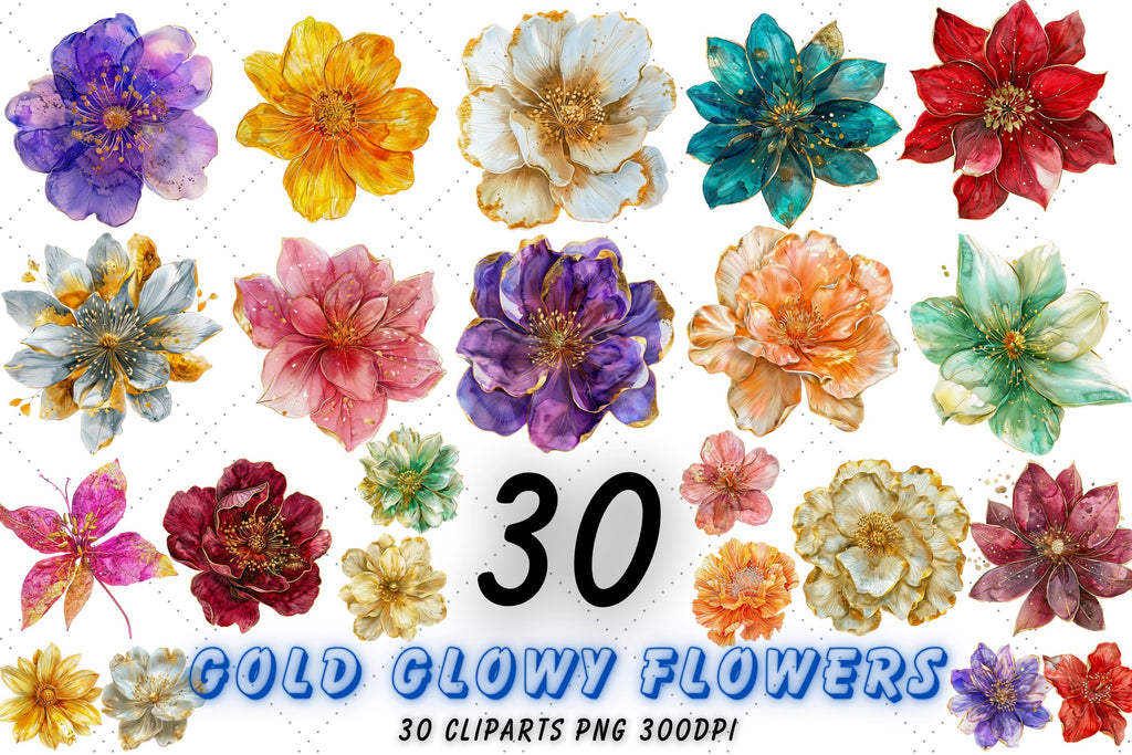 Gold Glowy Flowers Clipart Bundle | Watercolor Flower Png - So Fontsy