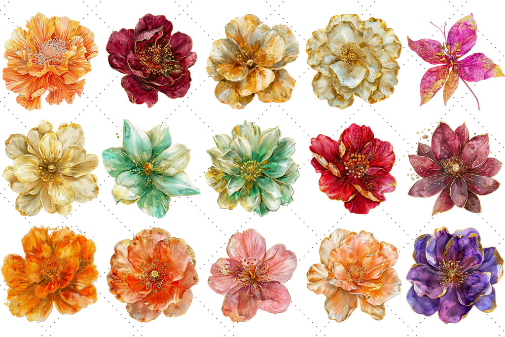 Gold Glowy Flowers Clipart Bundle | Watercolor Flower Png - So Fontsy