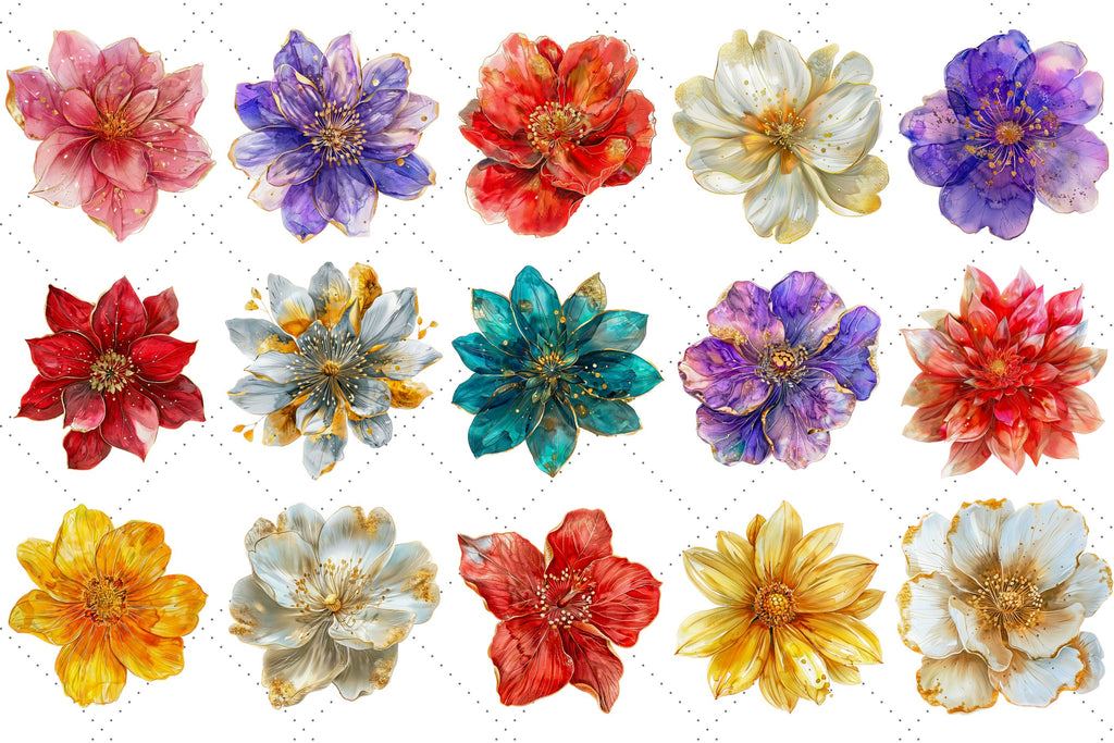 Gold Glowy Flowers Clipart Bundle | Watercolor Flower Png - So Fontsy