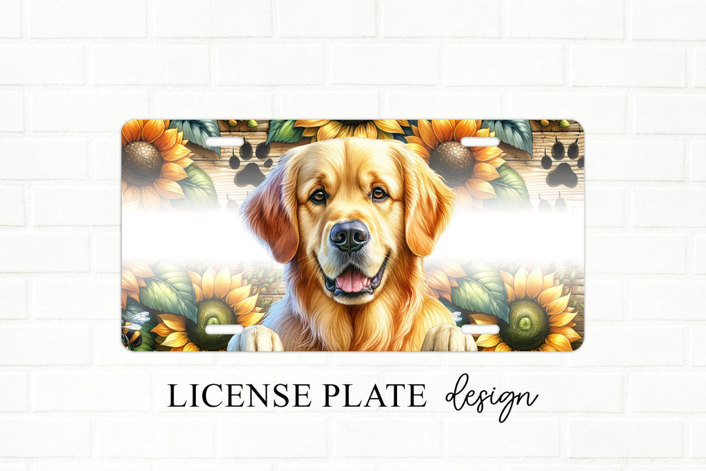Golden Retriever Sunflower License Plate Sublimation Design - So Fontsy