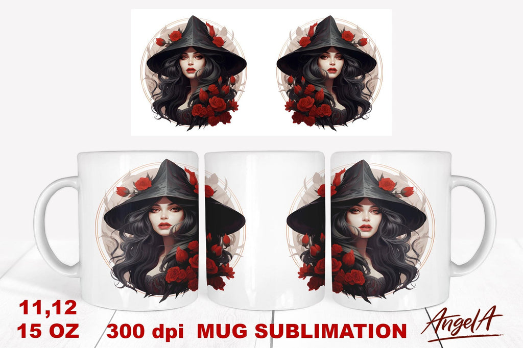 Gothic mug sublimation wrap / witchy woman with hat, roses - So Fontsy