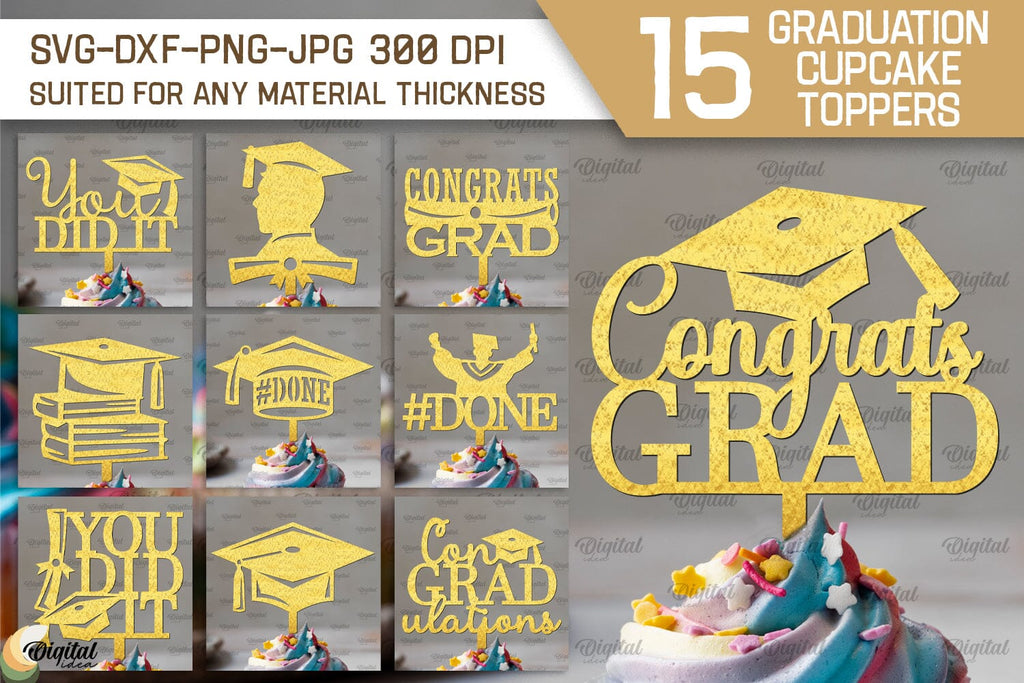 Graduation Cake Toppers SVG. Cupcake Toppers Laser Cut - So Fontsy